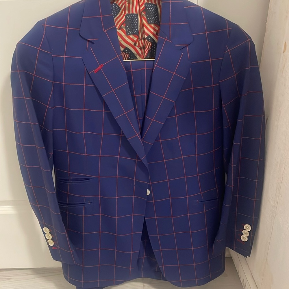 Royal Blue And Red Windowpane Full Suit Size: 10/12 - Gem
